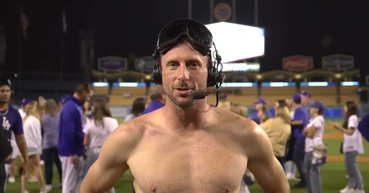 Max Scherzer does postgame interview shirtless as Dodgers advance to ...