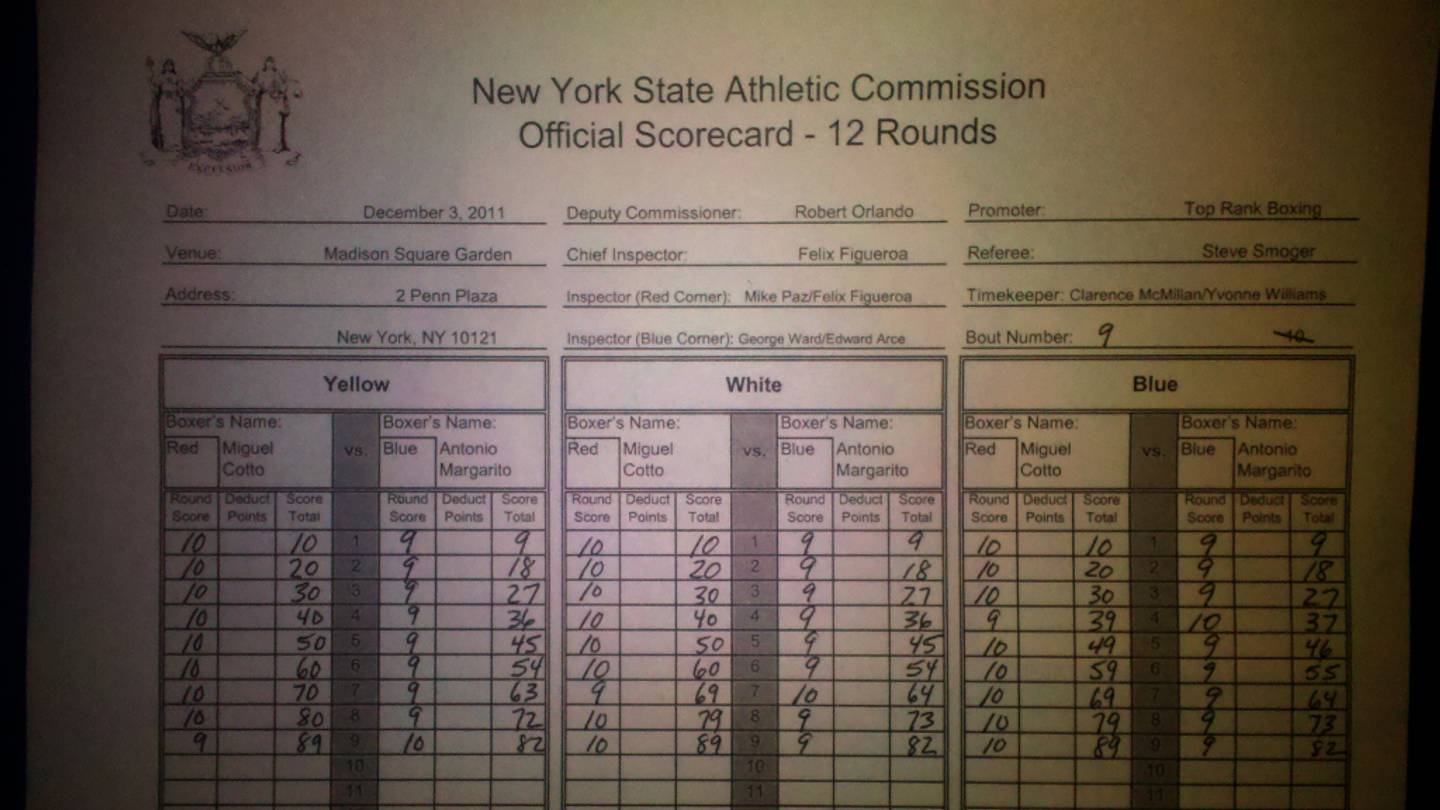 Official Cotto-Margarito scorecard