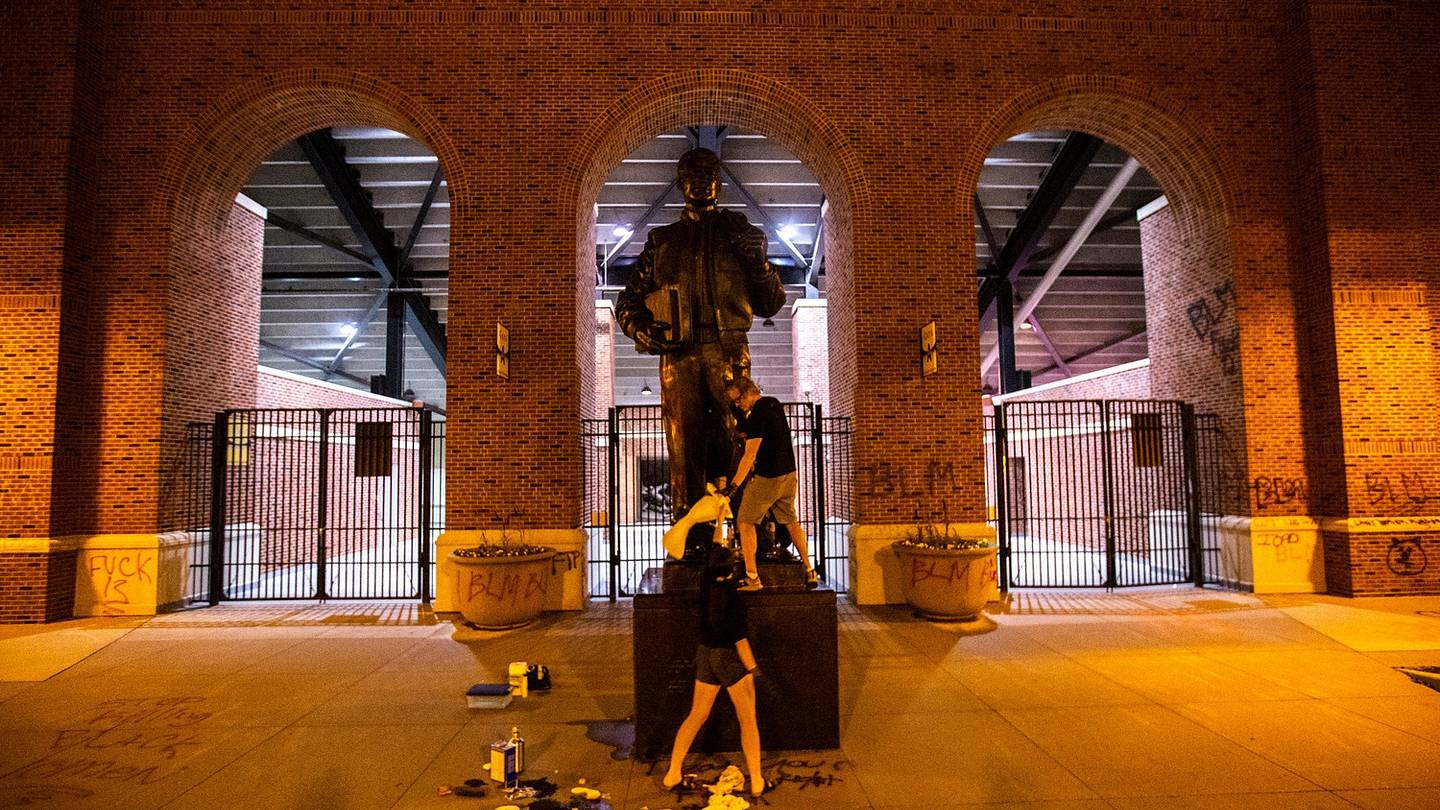 Graffiti Painted on Kinnick Stadium, Kinnick Statue