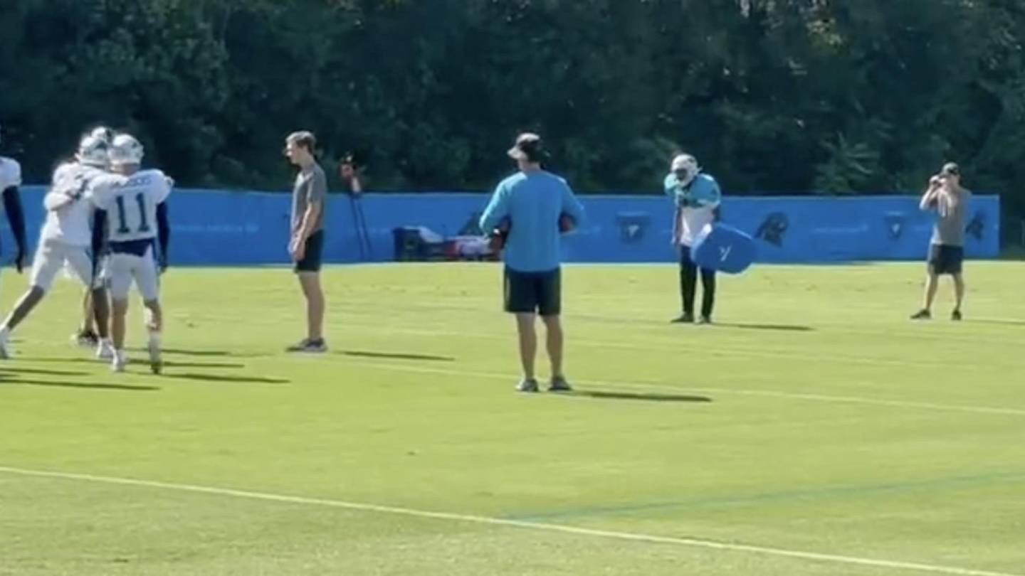 WATCH: Panthers WRs Coach Shawn Jefferson Puts Pads on at Practice