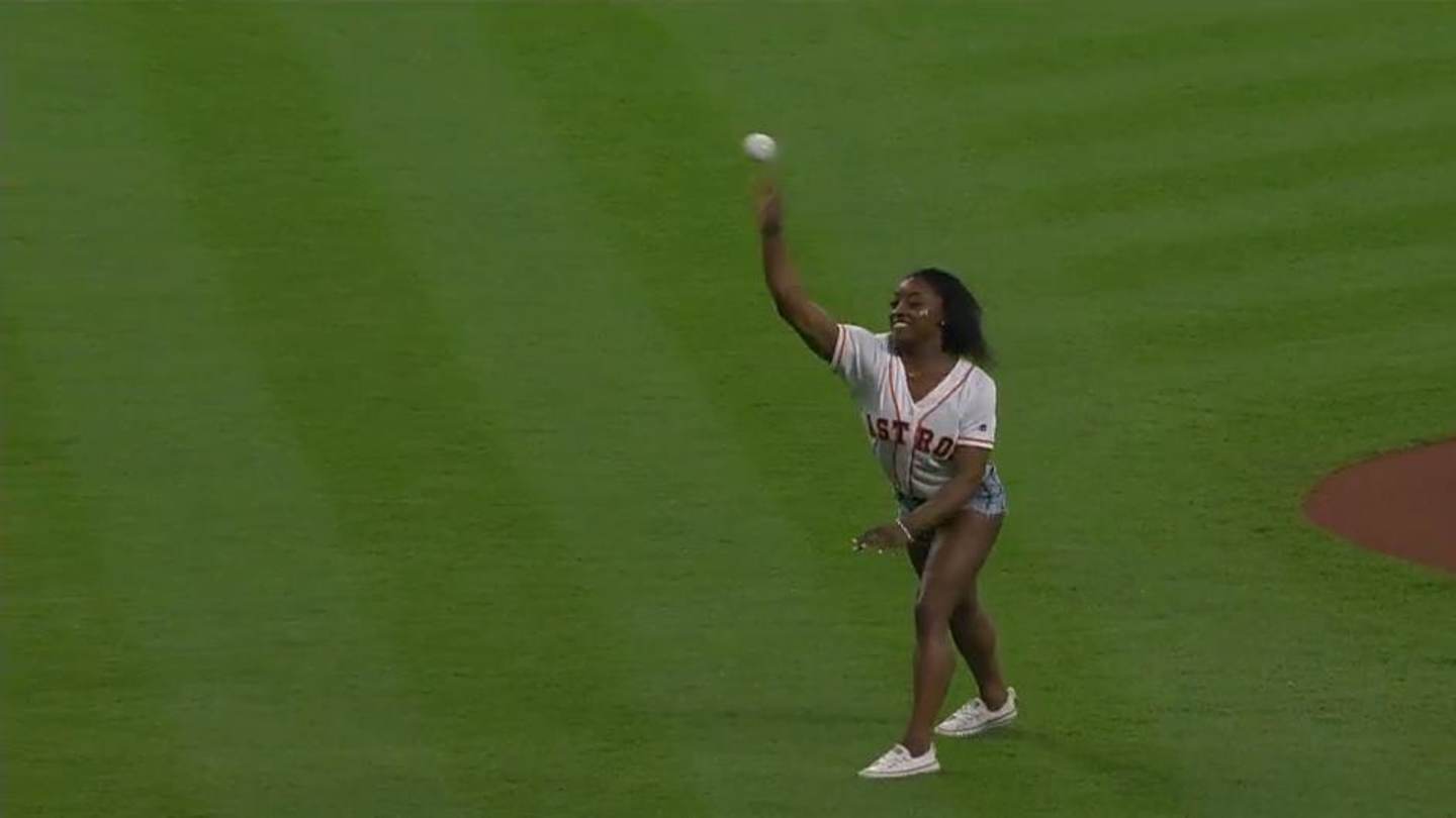 Simone Biles's front flip pitch at Astros game (video) - Sports Illustrated