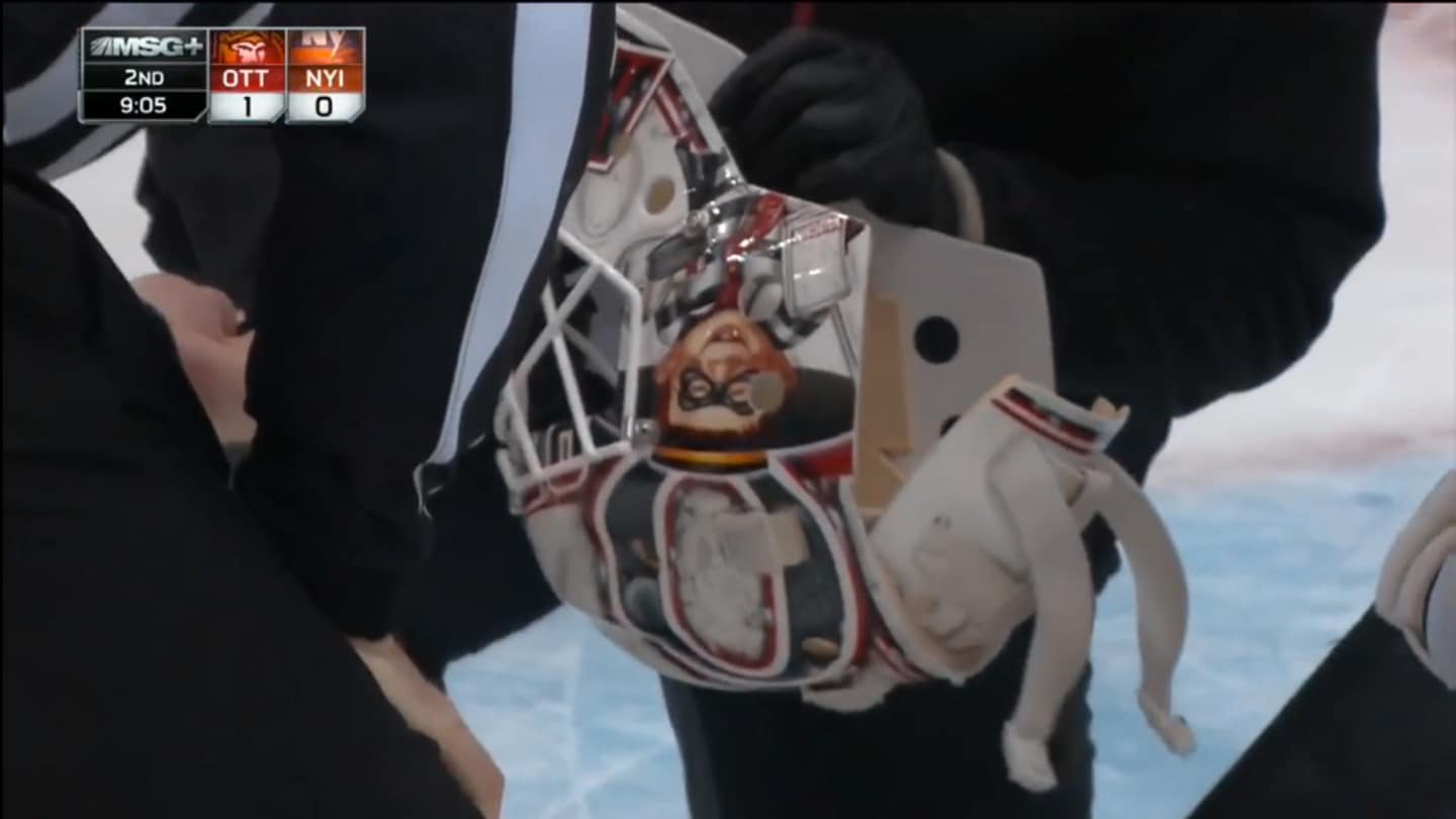 Islanders' Boychuk hit Senators' Hammond in mask with slap shot ...
