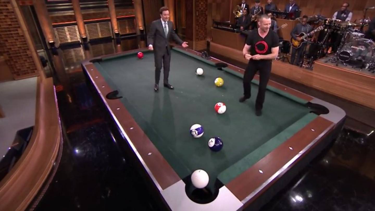 Jimmy Fallon and Hugh Jackman play first ever game of "Pool Bowling ...