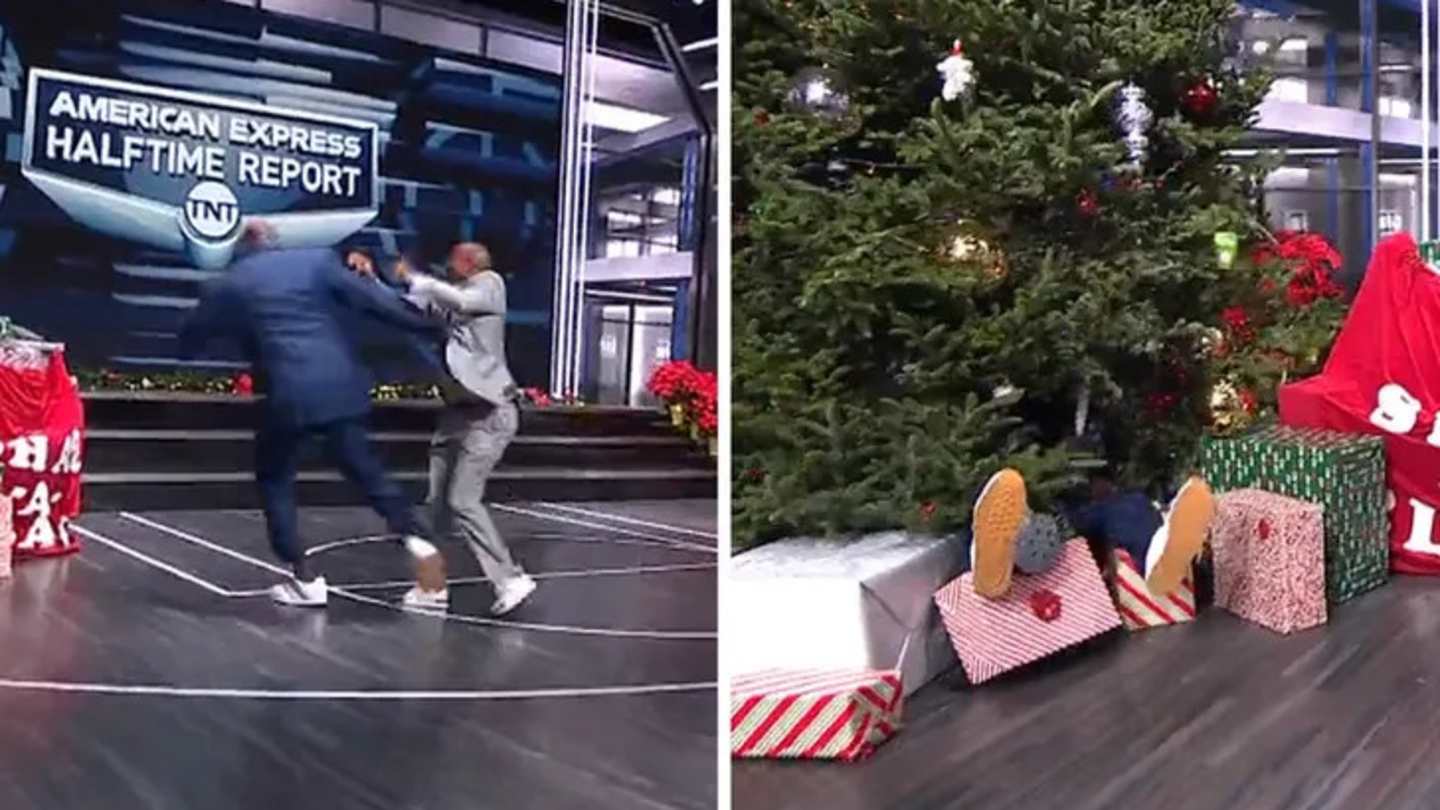 Shaq Shoved Into Christmas Tree by Houston Rockets Ex Kenny 'The Jet ...