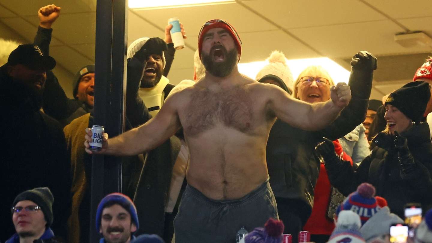 A Bare-Chested Jason Kelce Had Wildest Celebration After Travis Kelce's TD in Chiefs—Bills Game ...