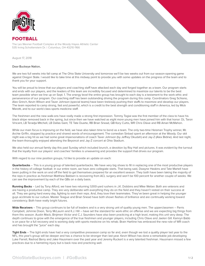 Ohio State breaks media silence with football camp update letter ...