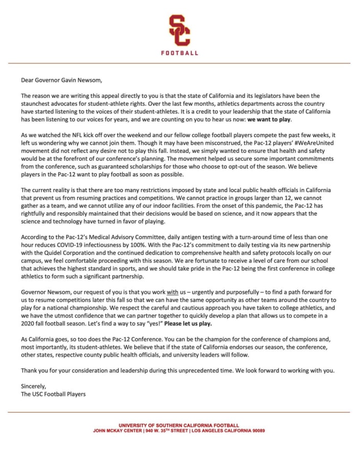 USC Players Write Letter Asking For Football To Resume - Sports ...
