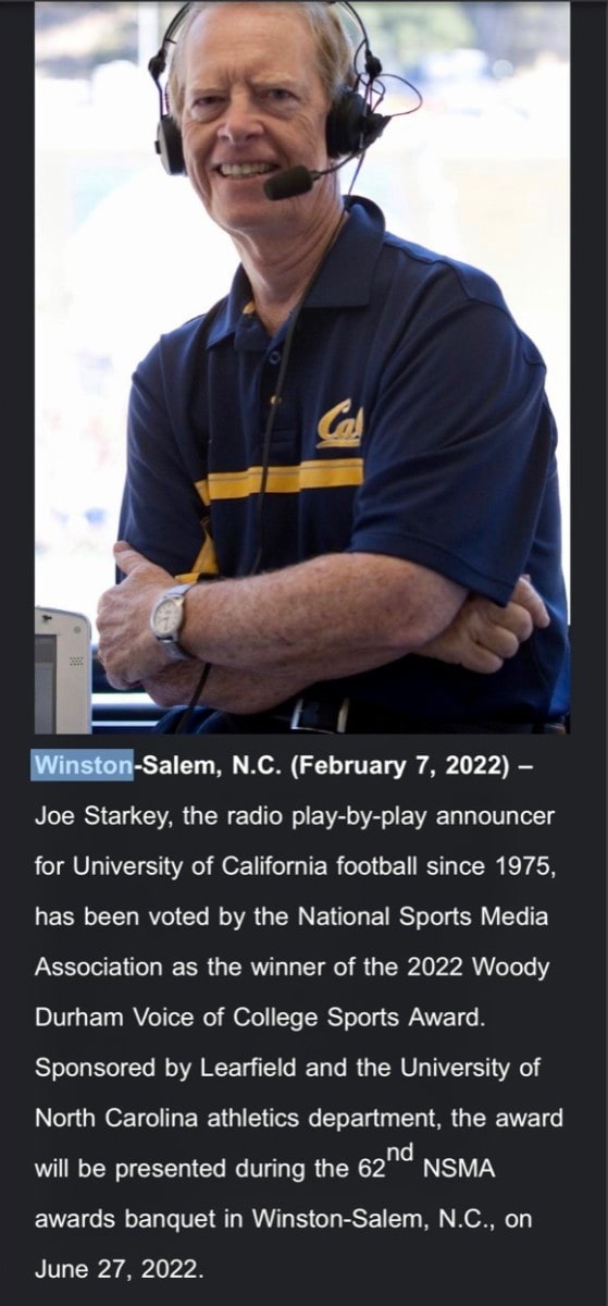Cal Football: Joe Starkey Voted `Voice of College Sports Award Winner ...