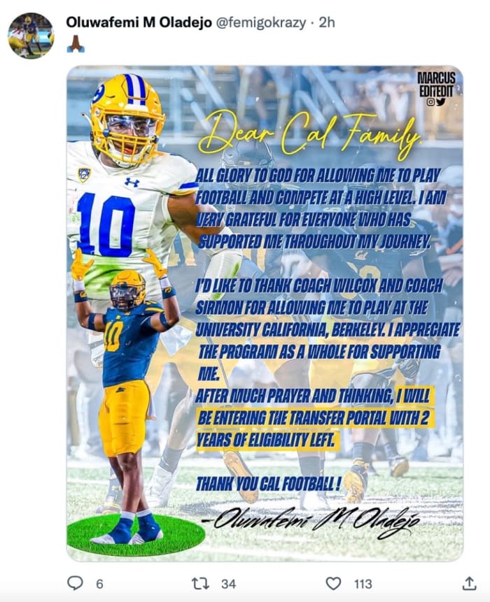 Cal Football: ILB Oluwafemi Oladejo Latest to Enter the Transfer Portal ...