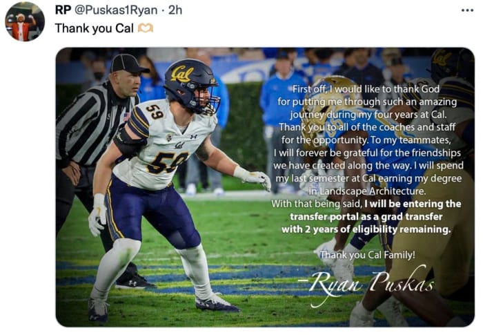 Cal Football: ILB Ryan Puskas Joins the Parade Into the Transfer Portal ...