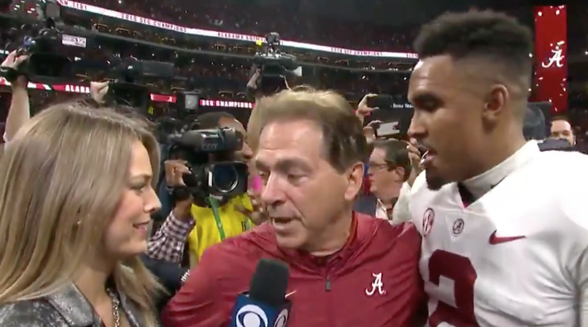 Nick Saban chokes up over Jalen Hurts' SEC title game showing (Video ...