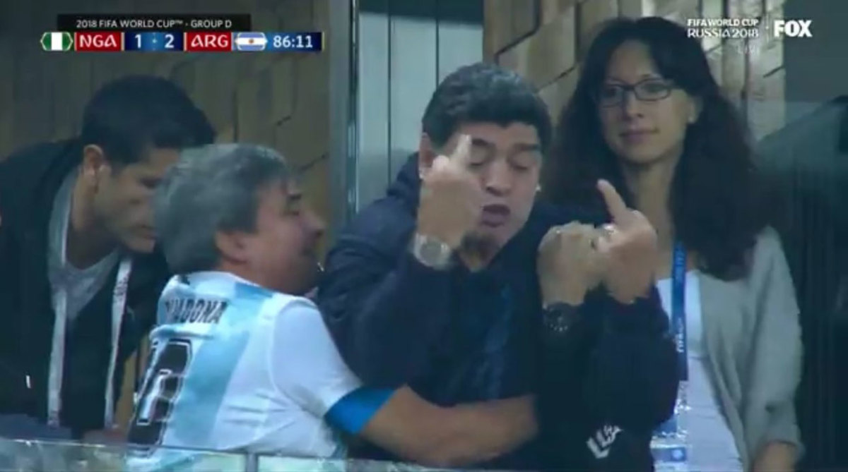 Maradona flips double double middle fingers, Argentina beats Nigeria ...