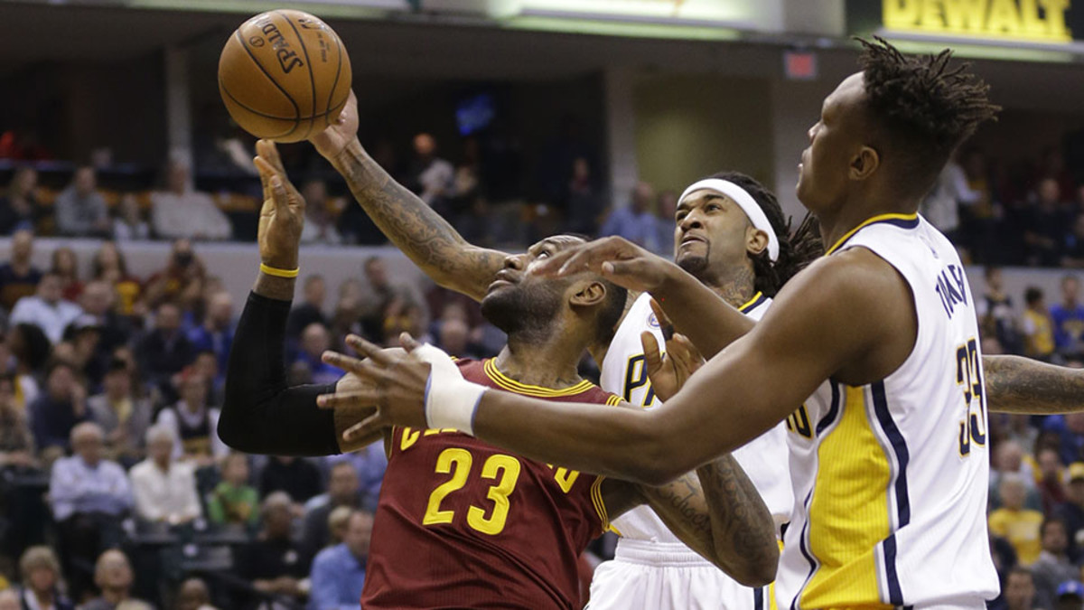 LeBron James: Cavaliers F blocked by Pacers' Myles Turner (video ...