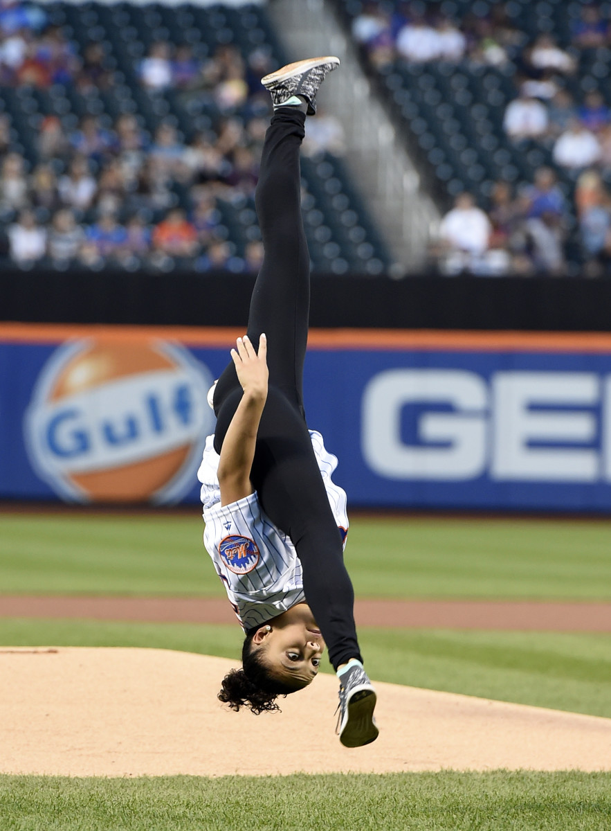 US Olympic gymnast flips out for first pitch at Citi Field - Sports ...