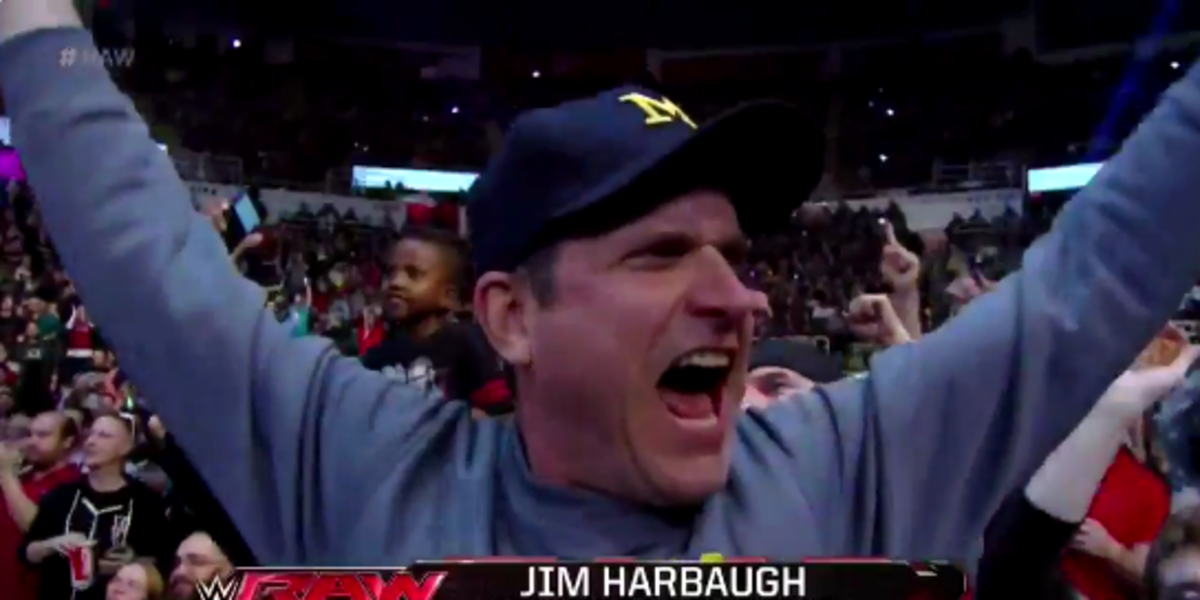 WWE RAW: Michigan football coach Jim Harbaugh pumps up crowd - Sports ...