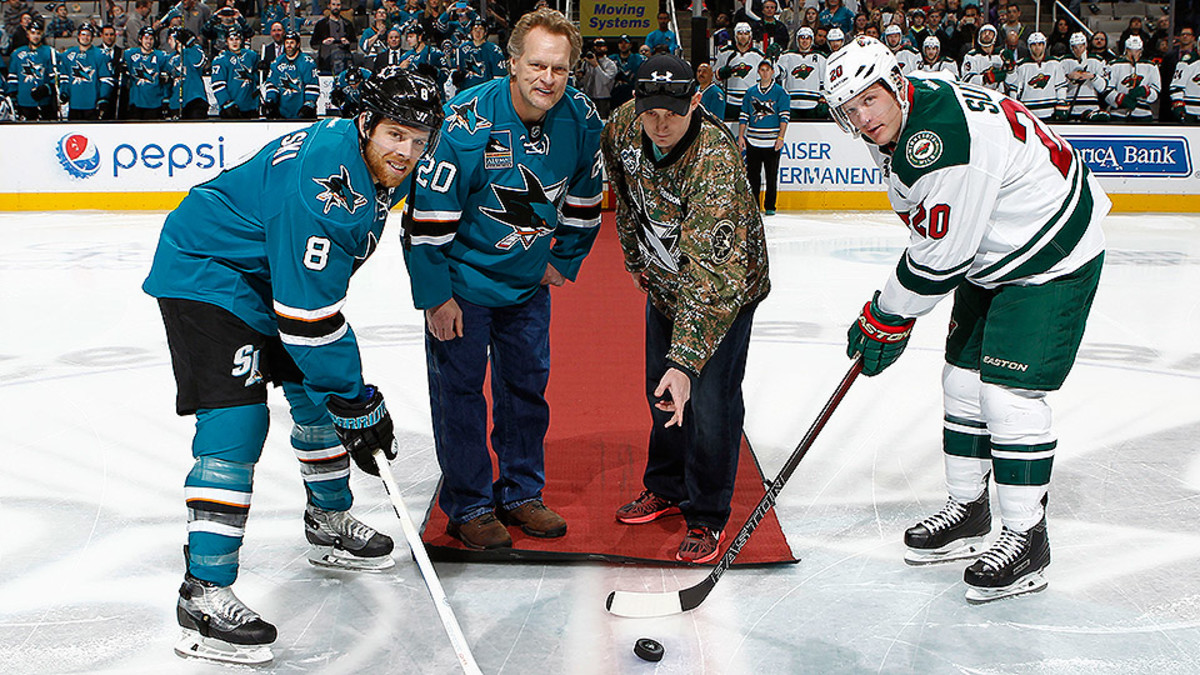 Gary Suter, Ryan Suter, participate in ceremonial faceoff - Sports ...