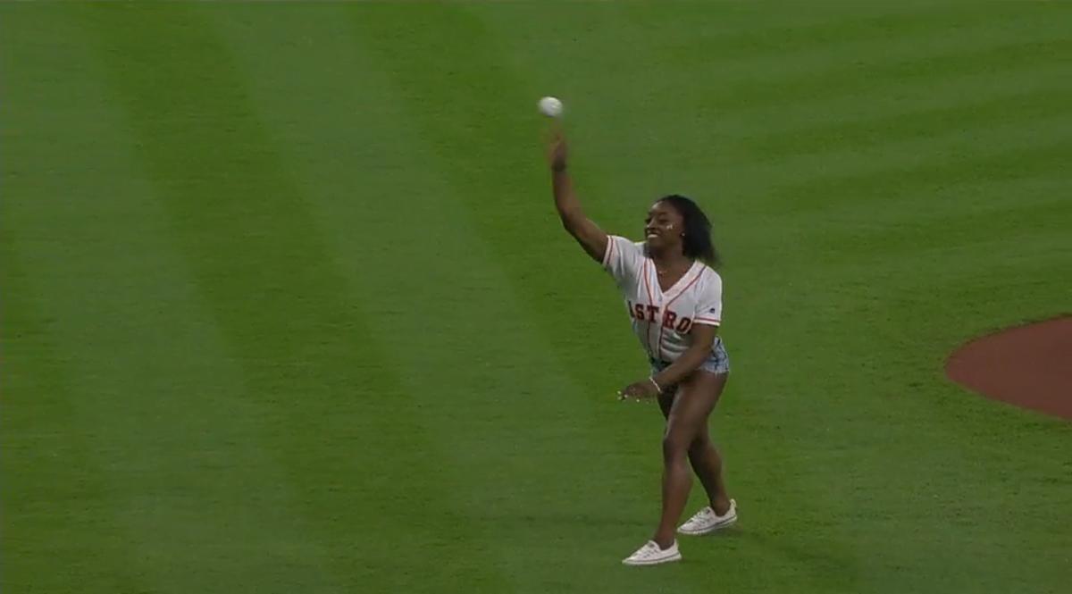 Simone Biles's front flip pitch at Astros game (video) - Sports Illustrated