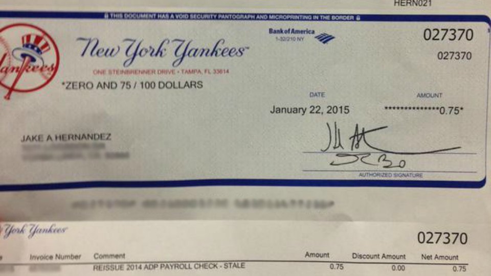 New York Yankees minor leaguer posts 75 cent check - Sports Illustrated