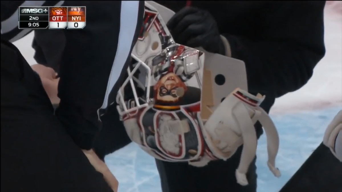 Islanders' Boychuk hit Senators' Hammond in mask with slap shot ...