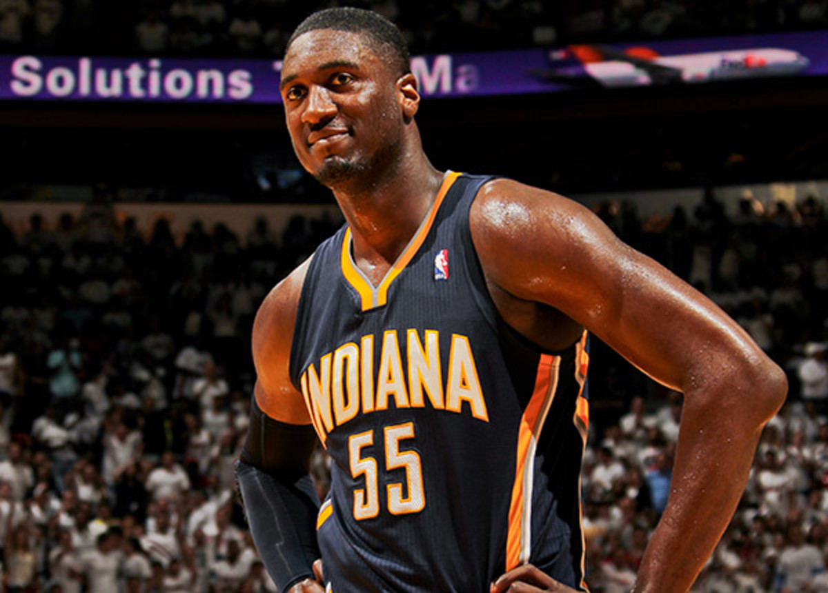 Pacers' Roy Hibbert shows off his swollen elbow much to the dismay of ...