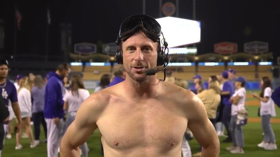 Max Scherzer does postgame interview shirtless as Dodgers advance to ...