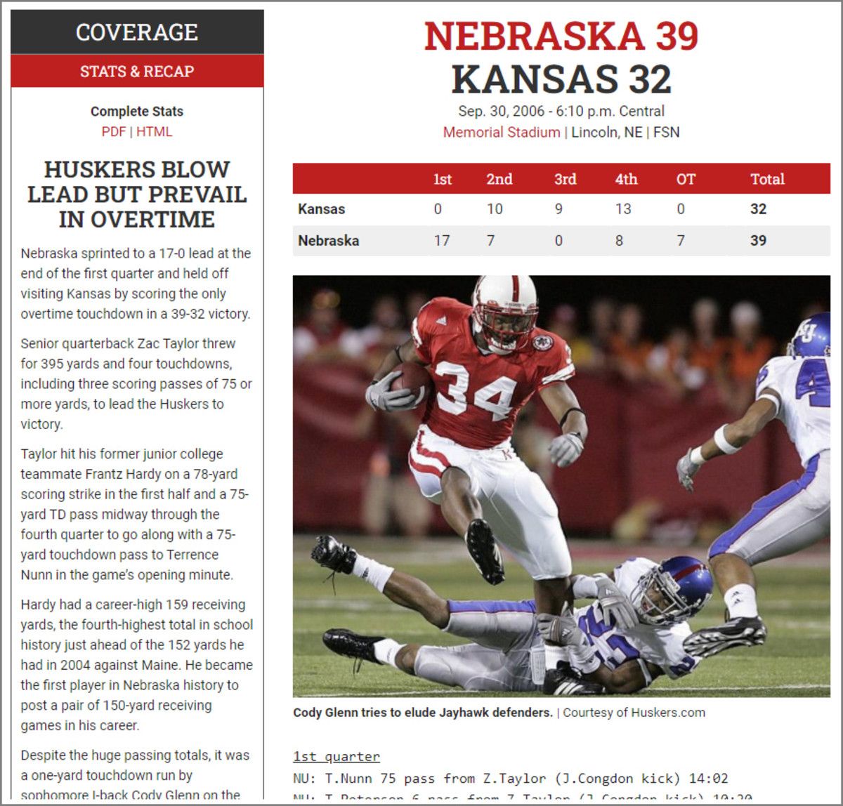 Zac Taylor's Almost-Forgotten Gem From the 2006 Husker Football Vault ...