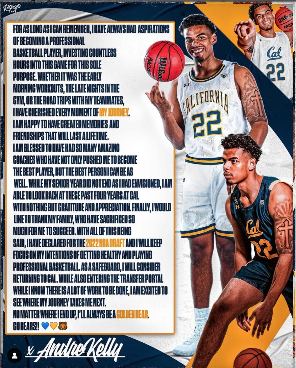Cal Basketball: Andre Kelly Enters NBA Draft & Transfer Portal; Keeps ...