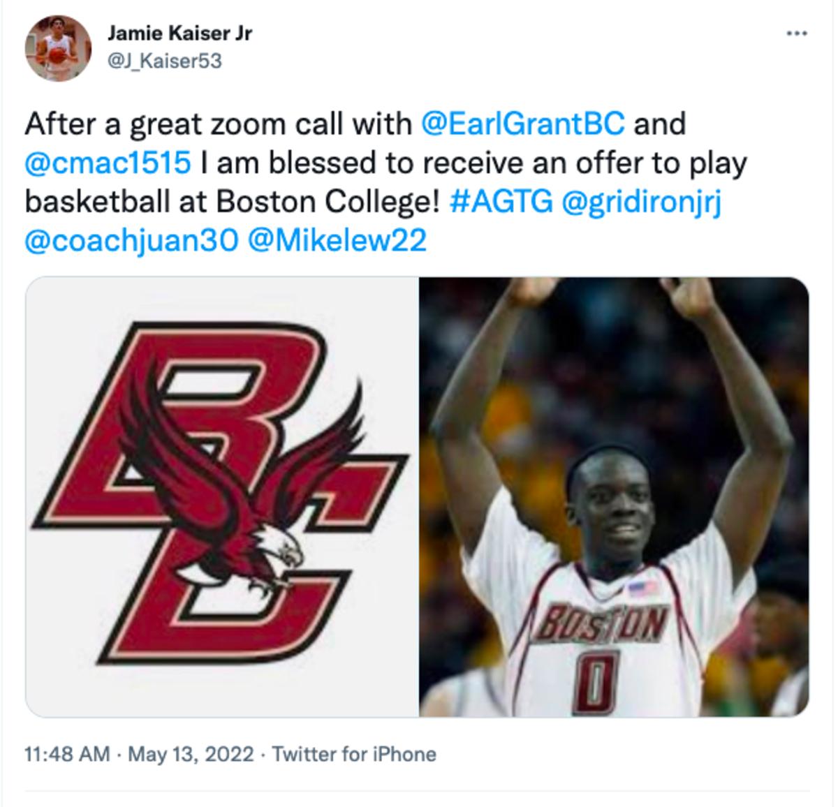 Boston College Offers '23 Guard Jamie Kaiser - Sports Illustrated ...