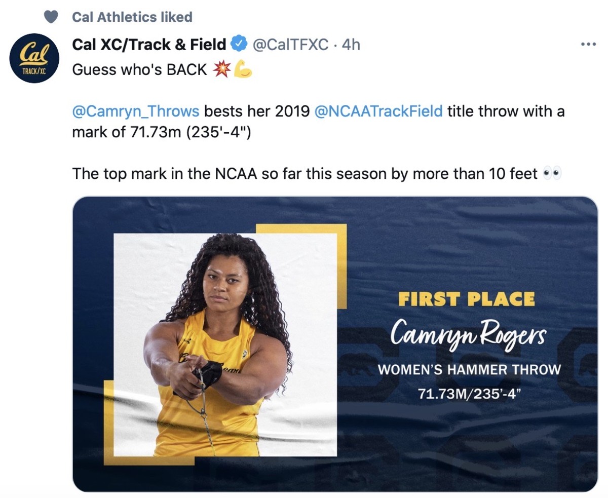 Camryn Rogers Wins Stanford Invite with No. 8 Hammer Throw Mark in the ...