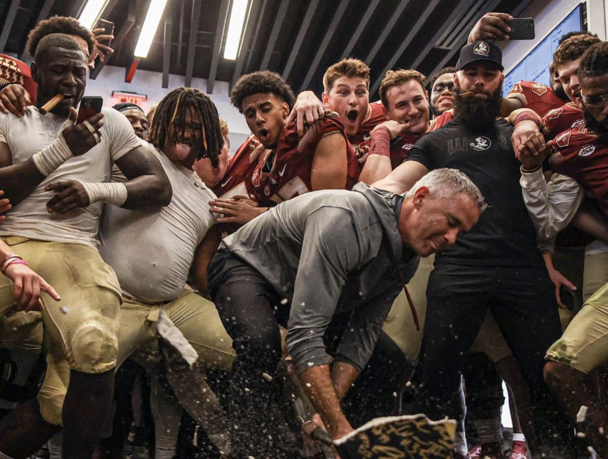 WATCH: Jordan Travis, Mike Norvell, and Josh Storms break the rock ...