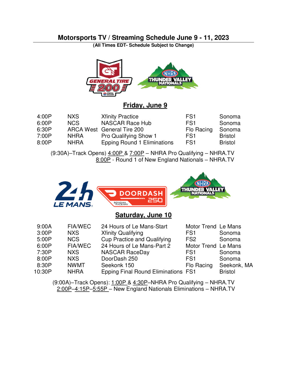 Check out your weekend racing schedule - Auto Racing Digest