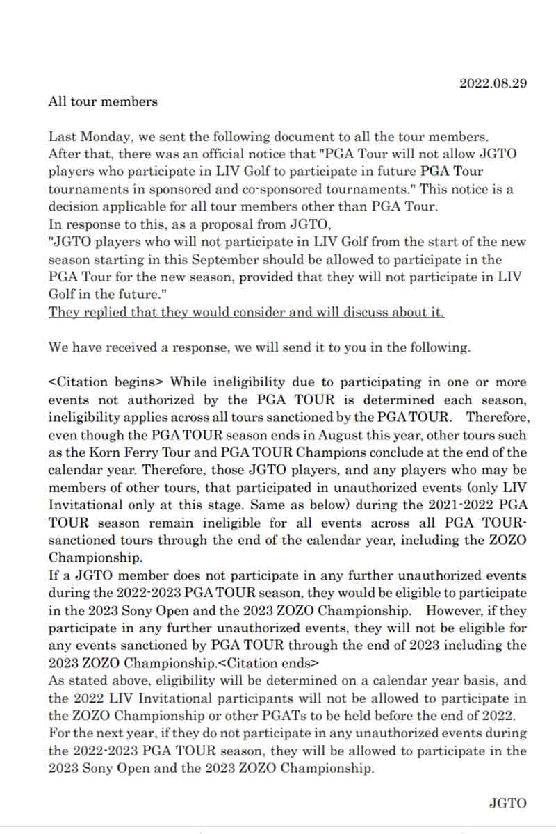 Exclusive: PGA Tour Threatens to Ban Japan Golf Tour Players Who Compete in LIV Golf Events ...