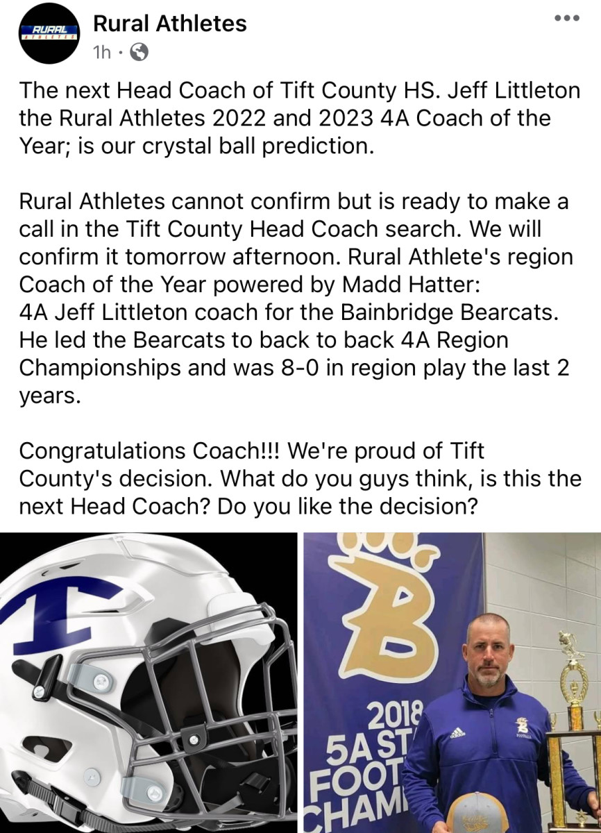 Tift County (Georgia) tab Bainbridge’s Jeff Littleton as head football ...